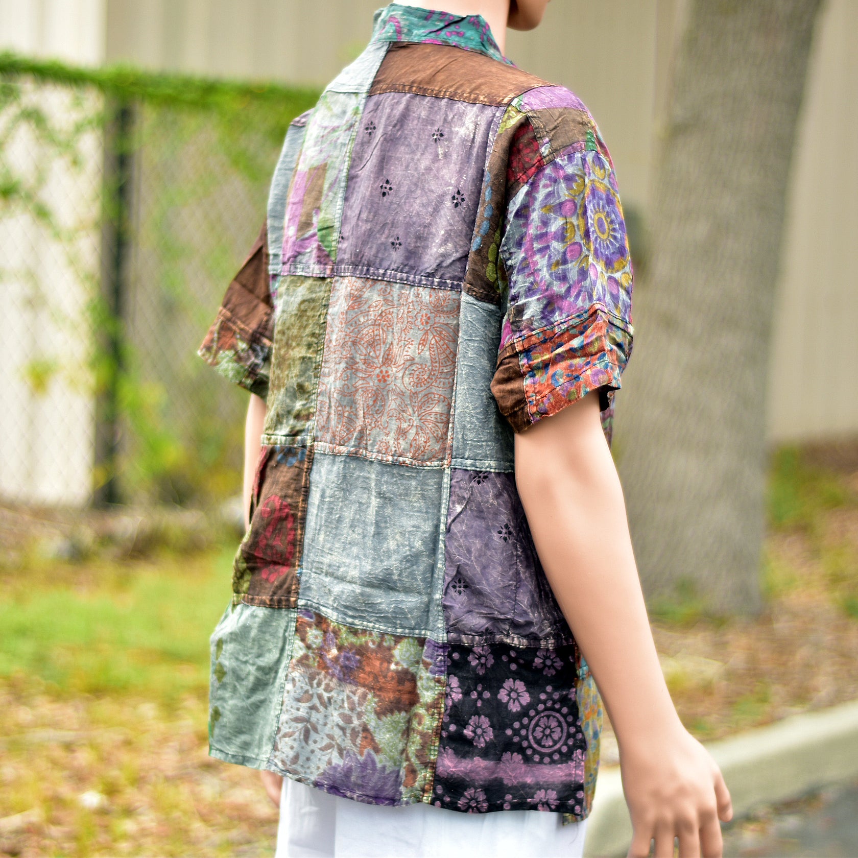 Men's Hippie Brown Short Sleeve Vintage Patchwork Shirt – Ambali Fashion